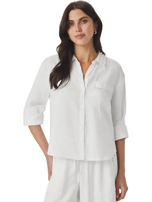 Splendid Stella Linen Button Down Shirt With Eyelet Trim - Wicker