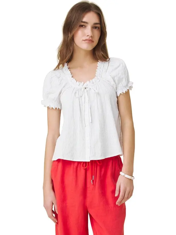 Splendid Gigi Puff Sleeve Top With Ruffled Neckline - White