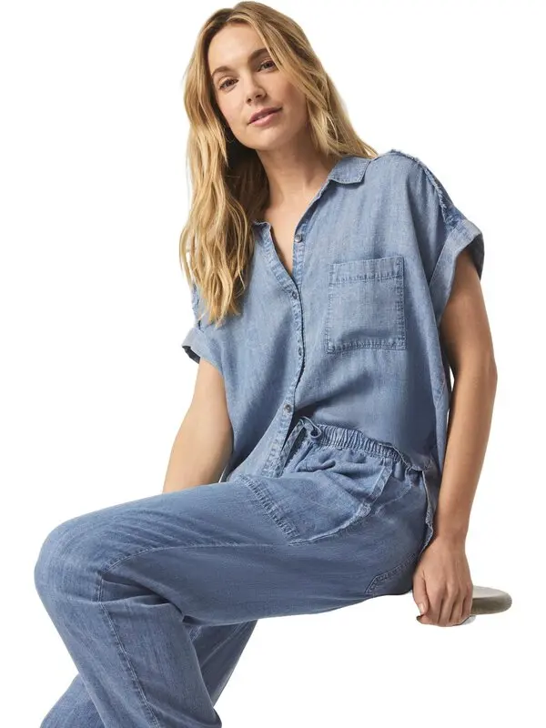 Splendid Short Sleeve Shirt With Raw Edges - Indigo
