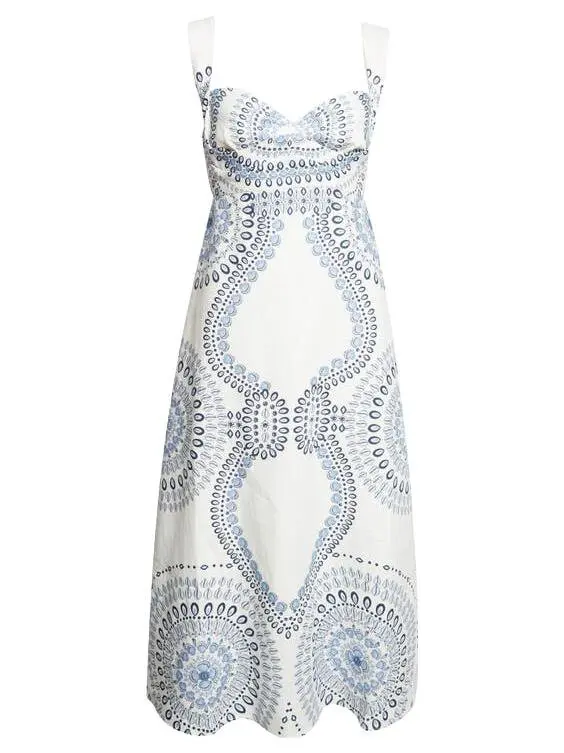 REISS Addison Shell Print Linen Midi Dress - Ivory/blue