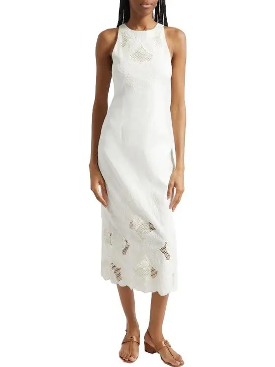 Veronica Beard Sleeveless Embroidered Open Stitch Midi Dress - Dove