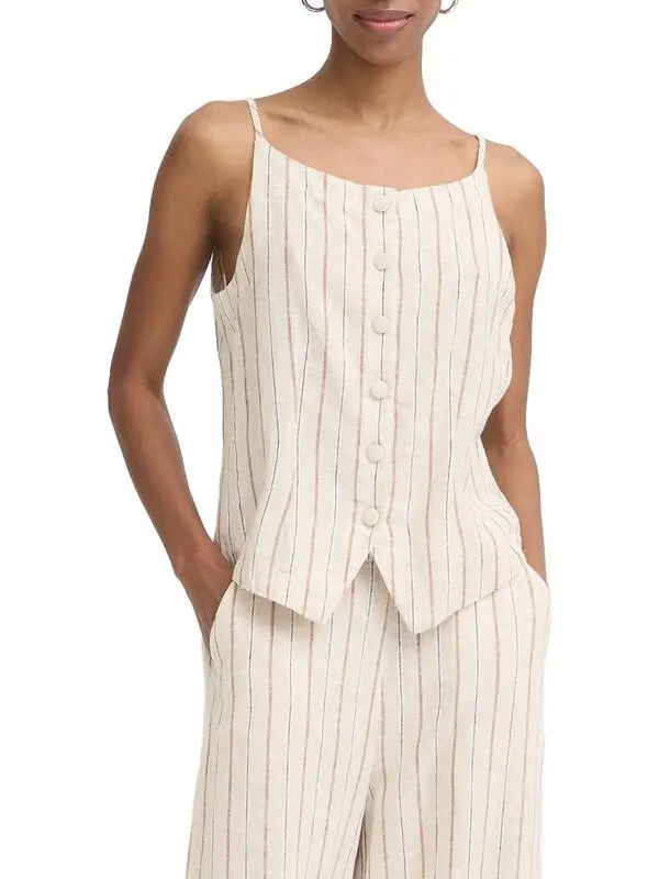 ICHI Sleeveless Striped Linen Blend Top - Brown Stripe