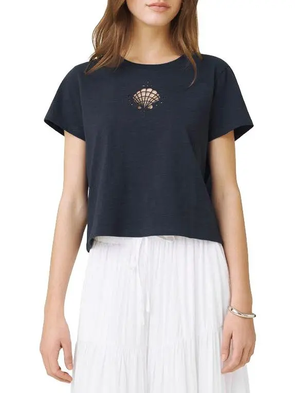 Splendid Embroidered Cutwork Seashell Cotton T-shirt - Navy Blue