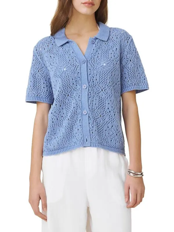 Splendid Crochet Knit Button-up Polo - Azure Blue
