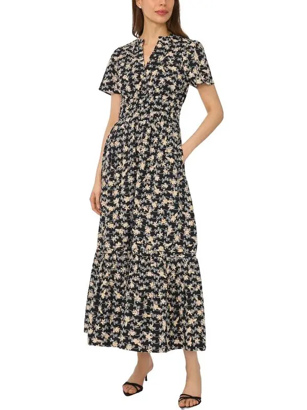 CECE DUPRAZ Floral Embroidered Tiered Cotton Maxi Dress - Rich Black