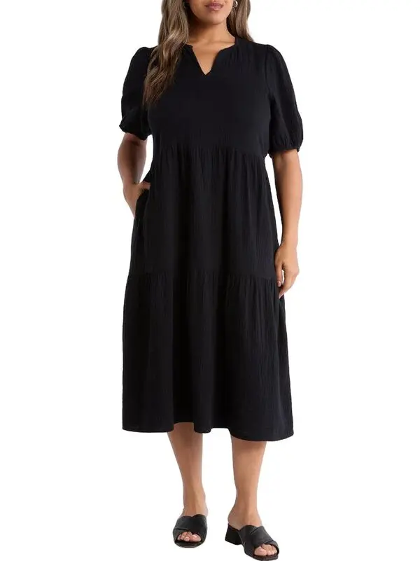 Caslon Puff Sleeve Cotton Gauze Midi Dress - Black