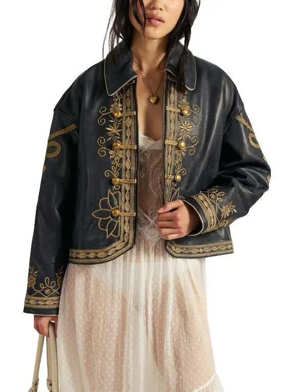 Free People Lana Embroidered Leather Jacket - Black
