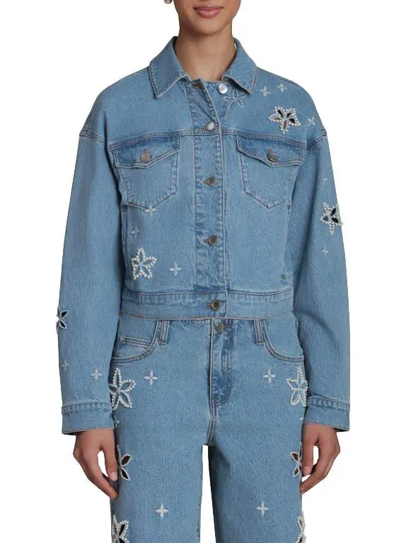 Avec Les Filles Faux Pearl Floral Embroidered Denim Jacket - Fleur Stamp/nikki Wash