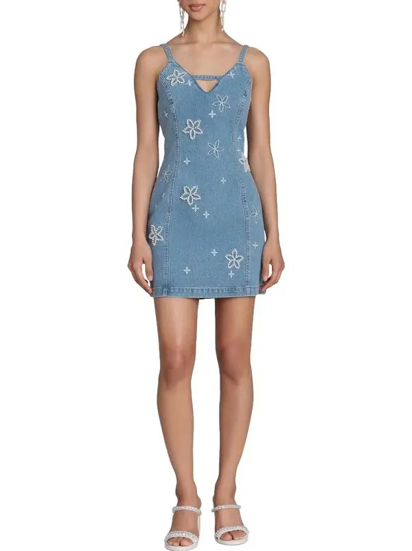 Avec Les Filles Faux Pearl Floral Detail Denim Dress - Fleur Stamp/nikki Wash