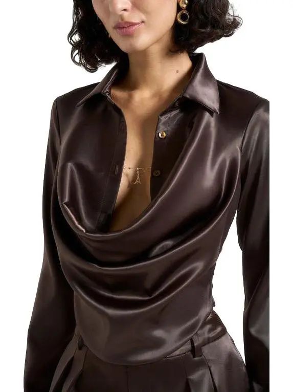 Manière De Voir Maniere De Voir Satin Cowl Neck Shirt With Chain Detail - Brown