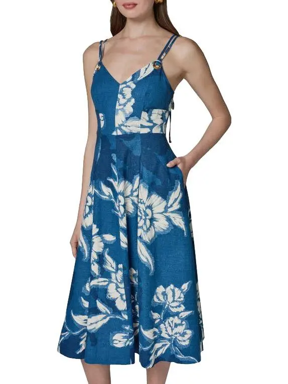 Donna Karan New York Sleeveless Floral Print Midi Dress - Prussian Blue