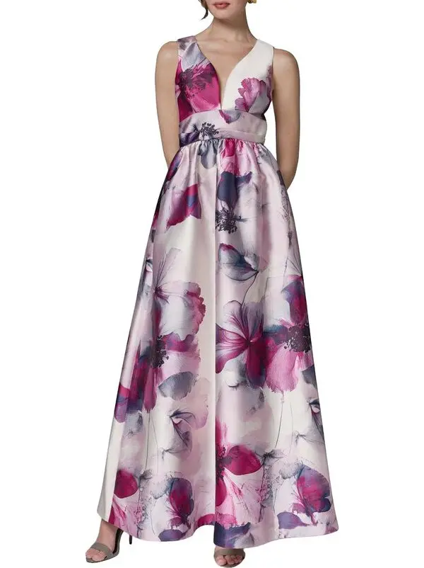 Donna Karan New York V-neck Floral Print Ballgown - Sangria Multi