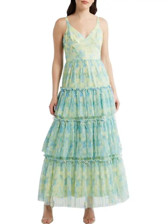 HUTCH Madi Tiered Bow Gown - Ivory/sky Watercolor