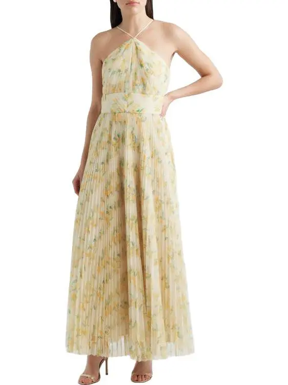 HUTCH Blaine Pleated Floral Halterneck Gown - Ivory/yellow