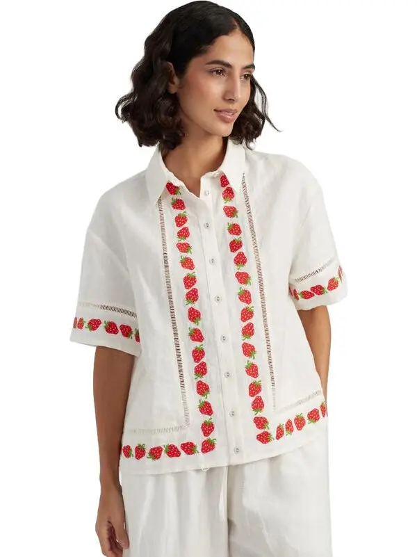 Chinti & Parker Linen-blend Strawberry Embroidered Shirt - Cream