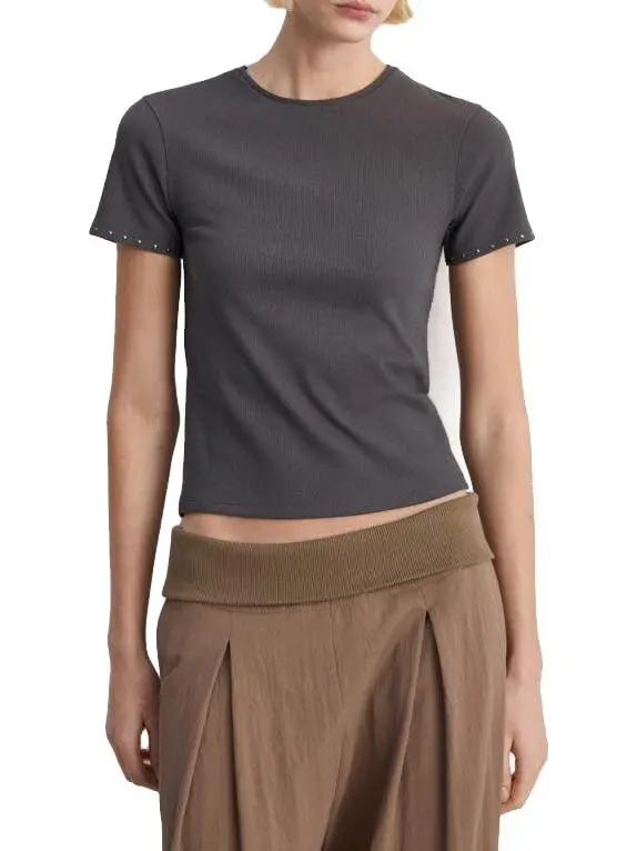 Mango Ribbed Crewneck T-shirt With Studded Trim - Charcoal