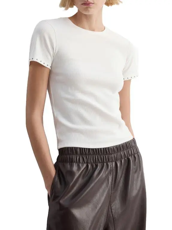 Mango Ribbed Crewneck T-shirt With Studded Trim - White