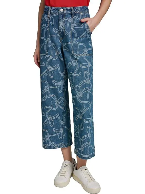 Karl Lagerfeld Paris Printed Bow Crop Wide Leg Jeans - Medium Indigo