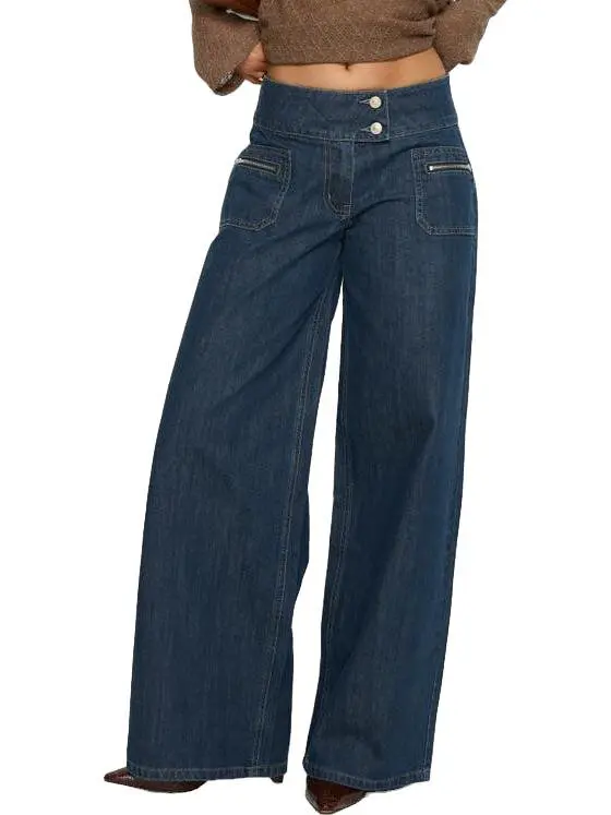 Princess Polly Unwritten Mid Rise Wide Leg Jeans - Dark Blue Wash