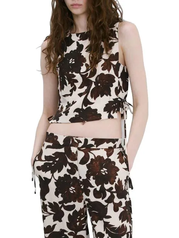 Mango Floral Side Ruched Crop Top - Brown