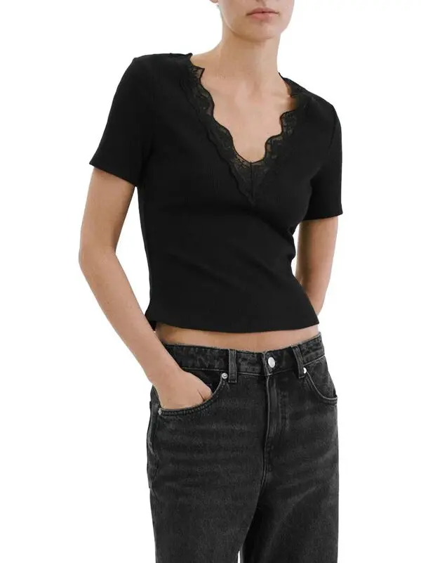 Mango Lace Trim Rib Knit Cropped Top - Black