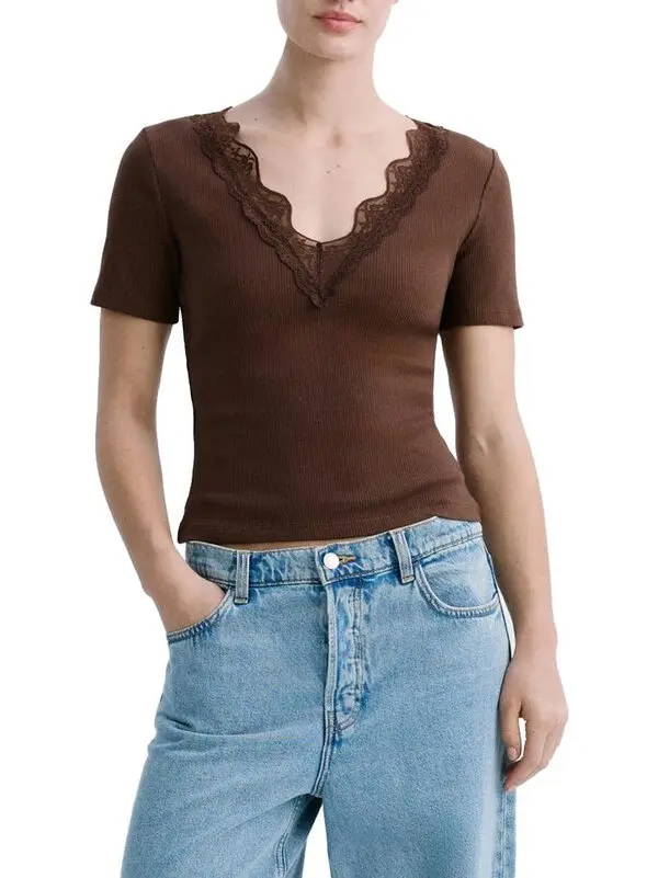 Mango Lace Trim Rib Knit Cropped Top - Brown