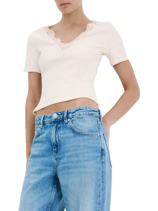 Mango Lace Trim Rib Knit Cropped Top - Ecru