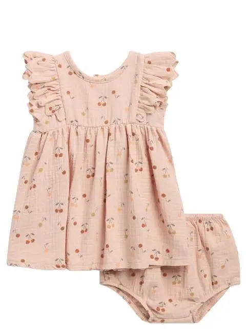 QUINCY MAE Alina Cotton Gauze Dress & Bloomers Set With Cherry Print - Blush