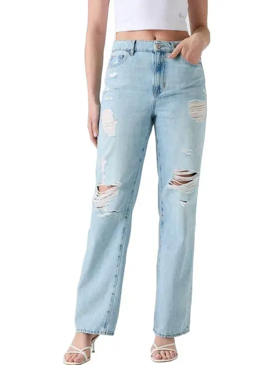 Guess Distressed High Waist Straight Leg Jeans - Blue