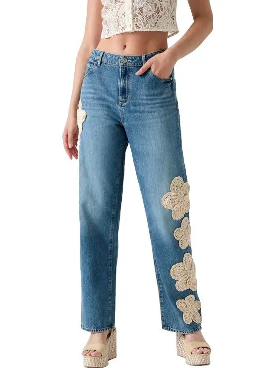 Guess Gaia Floral Appliqué High Waist Straight Leg Jeans - Dark Blue
