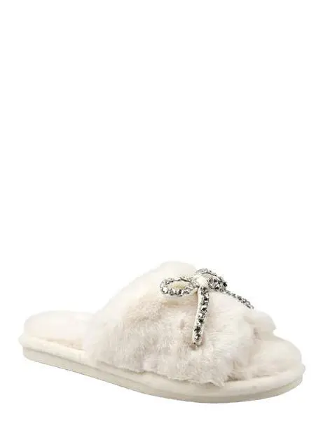 CANDIE'S Franney Embellished Faux Fur Slipper - Off White