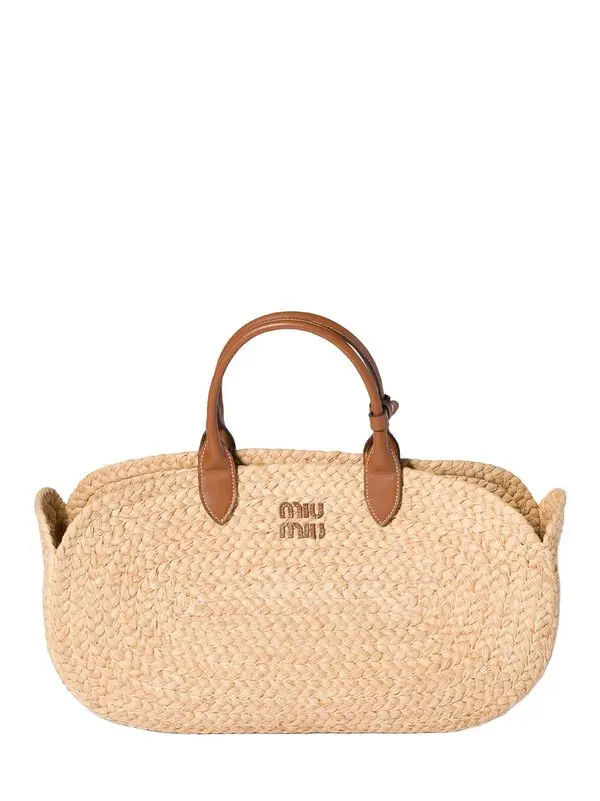 Miu Miu Raffia Handbag With Leather Details - Beige/cognac