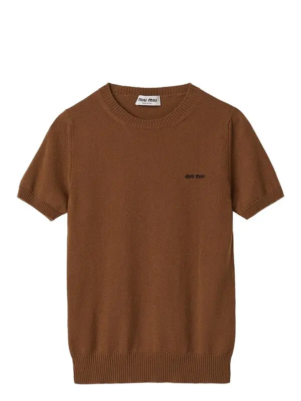 Miu Miu Cashmere Short Sleeve Sweater With Intarsia Logo - Tobacco