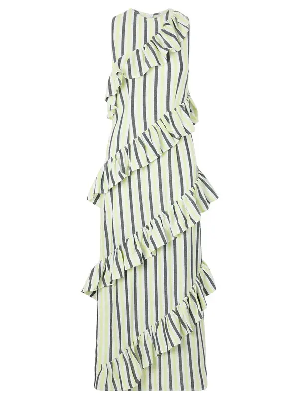 MARRAKSHI LIFE Spiral Ruffled Striped Cotton Maxi Dress - Yellow