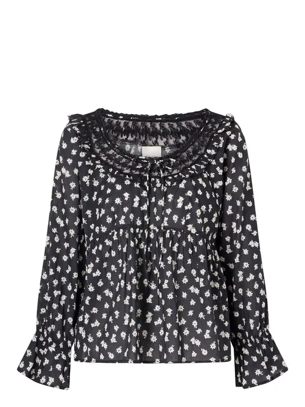 Posse Danielle Floral-print Cotton-voile Blouse With Lace Trim - Black