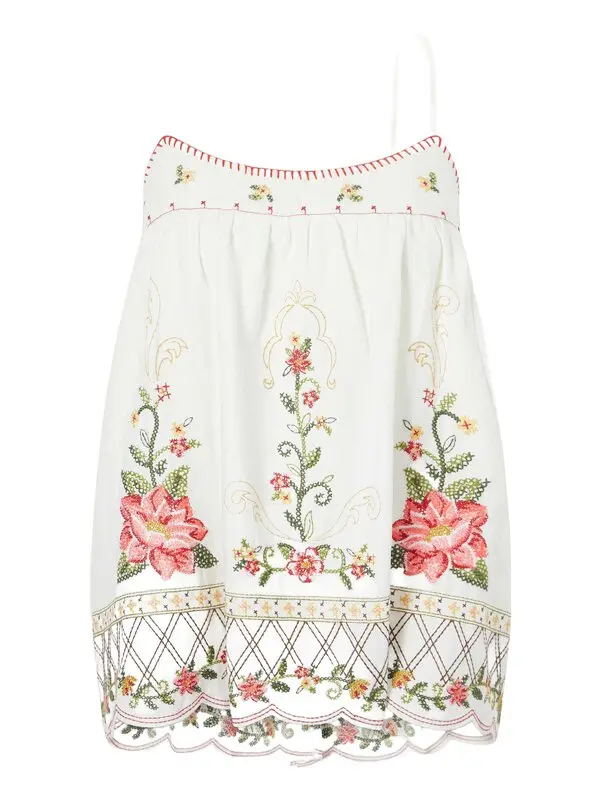 Farm Rio Embroidered Linen-blend Cami - Off-white