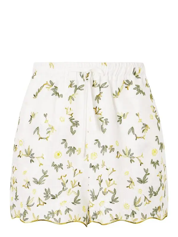 CRISTIANO MARCHELI Elena Floral-embroidered Linen Drawstring Shorts - White