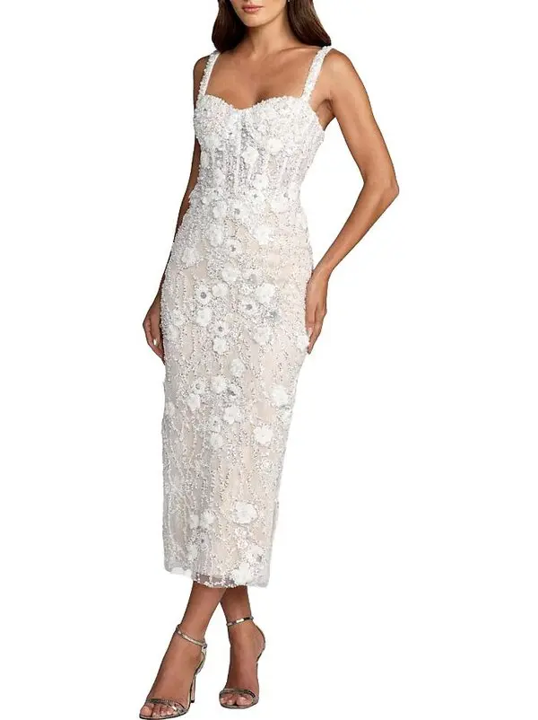 Mac Duggal Embellished Lace Sleeveless Midi Dress - Ivory Nude