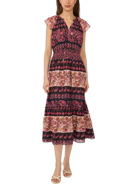 CECE DUPRAZ Print Flutter Sleeve Midi Dress - Rich Black