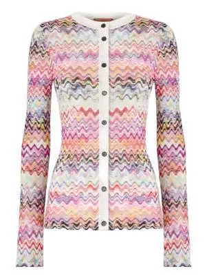 Missoni Slim-fit Crewneck Buttoned Cardigan With Zigzag Pattern - Pink & Multicoloured