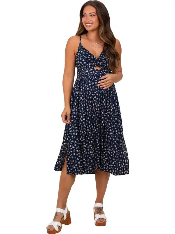PINKBLUSH Floral Twist Front Cut Out Midi Dress - Navy Blue