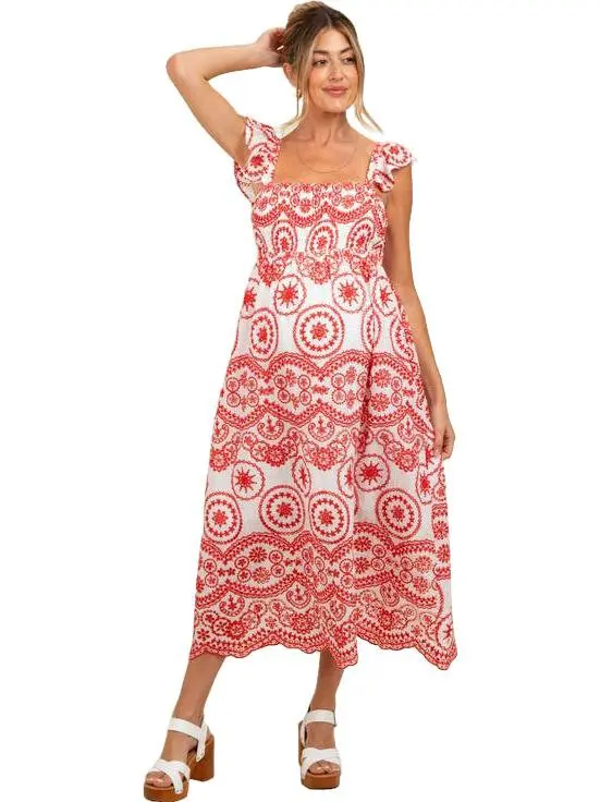 PINKBLUSH Embroidered Smocked Cutout Midi Dress - Red