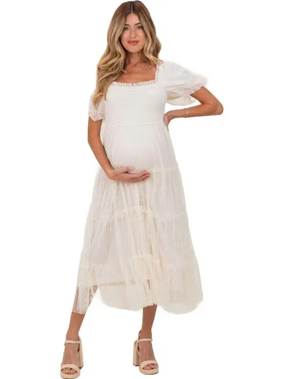 PINKBLUSH Tulle Puff Sleeve Smocked Midi Dress - Cream