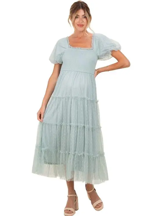 PINKBLUSH Tulle Puff Sleeve Smocked Midi Dress - Light Olive