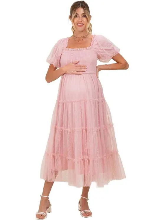 PINKBLUSH Tulle Puff Sleeve Smocked Midi Dress - Light Pink