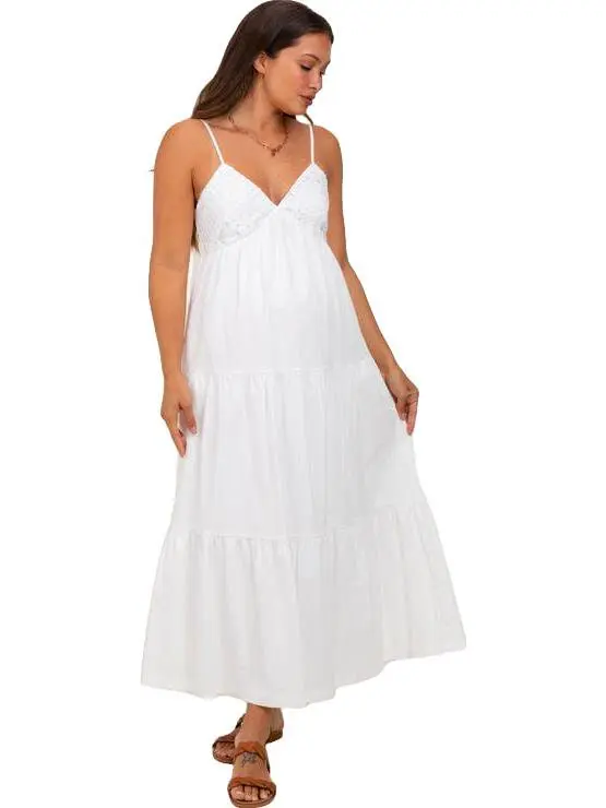 PINKBLUSH Crochet Flare Smocked Maternity Maxi Dress - White