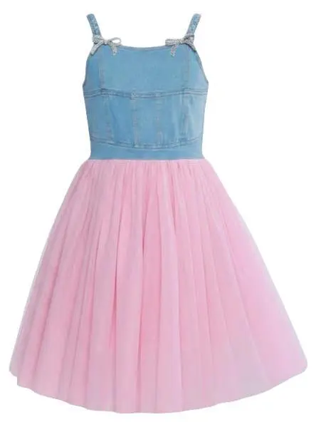 MIA BELLE GIRLS Denim Bow Tulle Dress - Pink