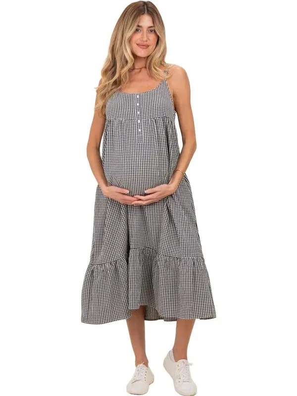 PINKBLUSH Gingham Sleeveless Empire Waist Midi Dress - Black