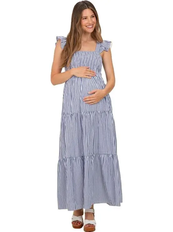 PINKBLUSH Striped Ruffle Strap Smocked Maternity Maxi Dress - Navy Blue