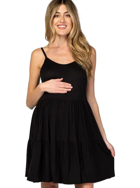 PINKBLUSH Tiered Maternity Tank Dress With Lace-up Back - Black
